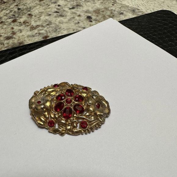 Jewelry | Vintage Gold Tone Red Rhinestone Flower Designs Brooch Pin ...
